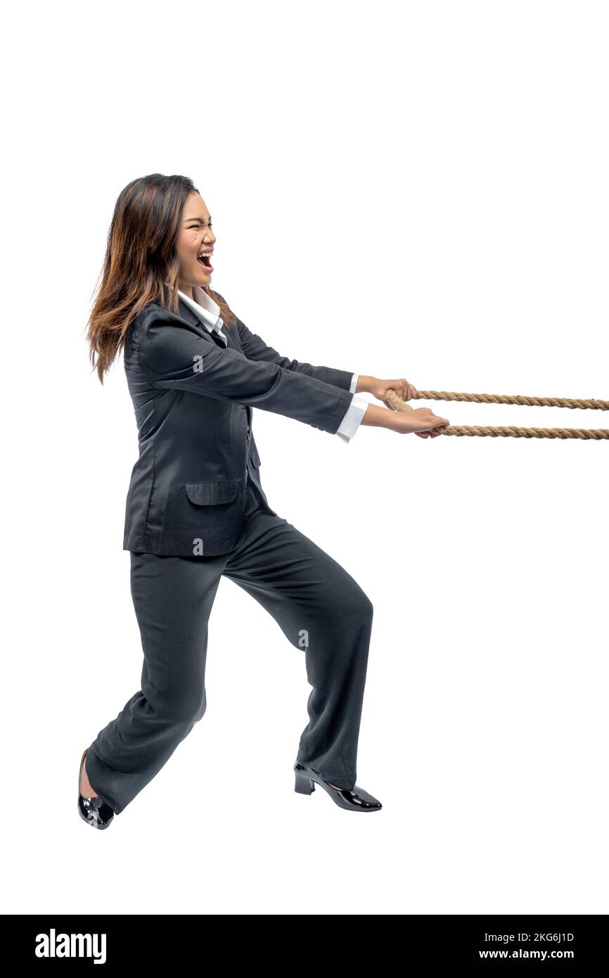 Asian Businesswoman Pulling Rope Isolated Over White Background Stock