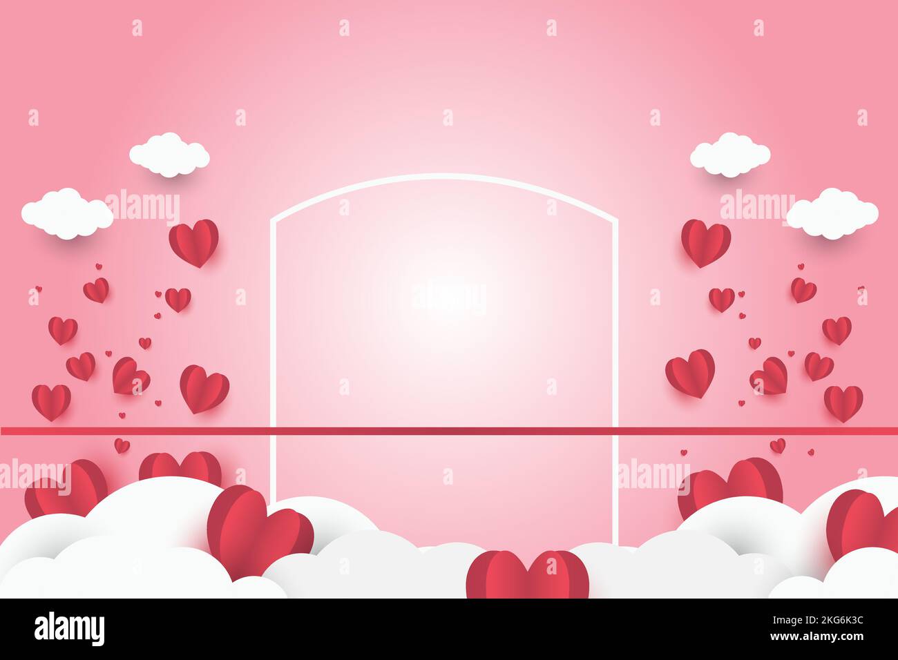 red heart on pink paper abstract background with sky and line design ...