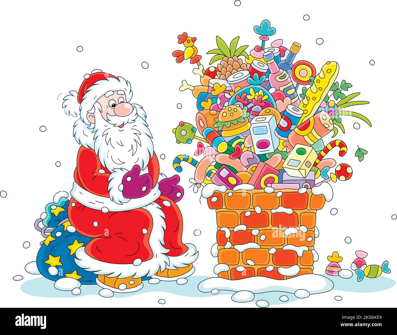 Cartoon Santa Claus sitting on his magical bag of gifts on a snow ...