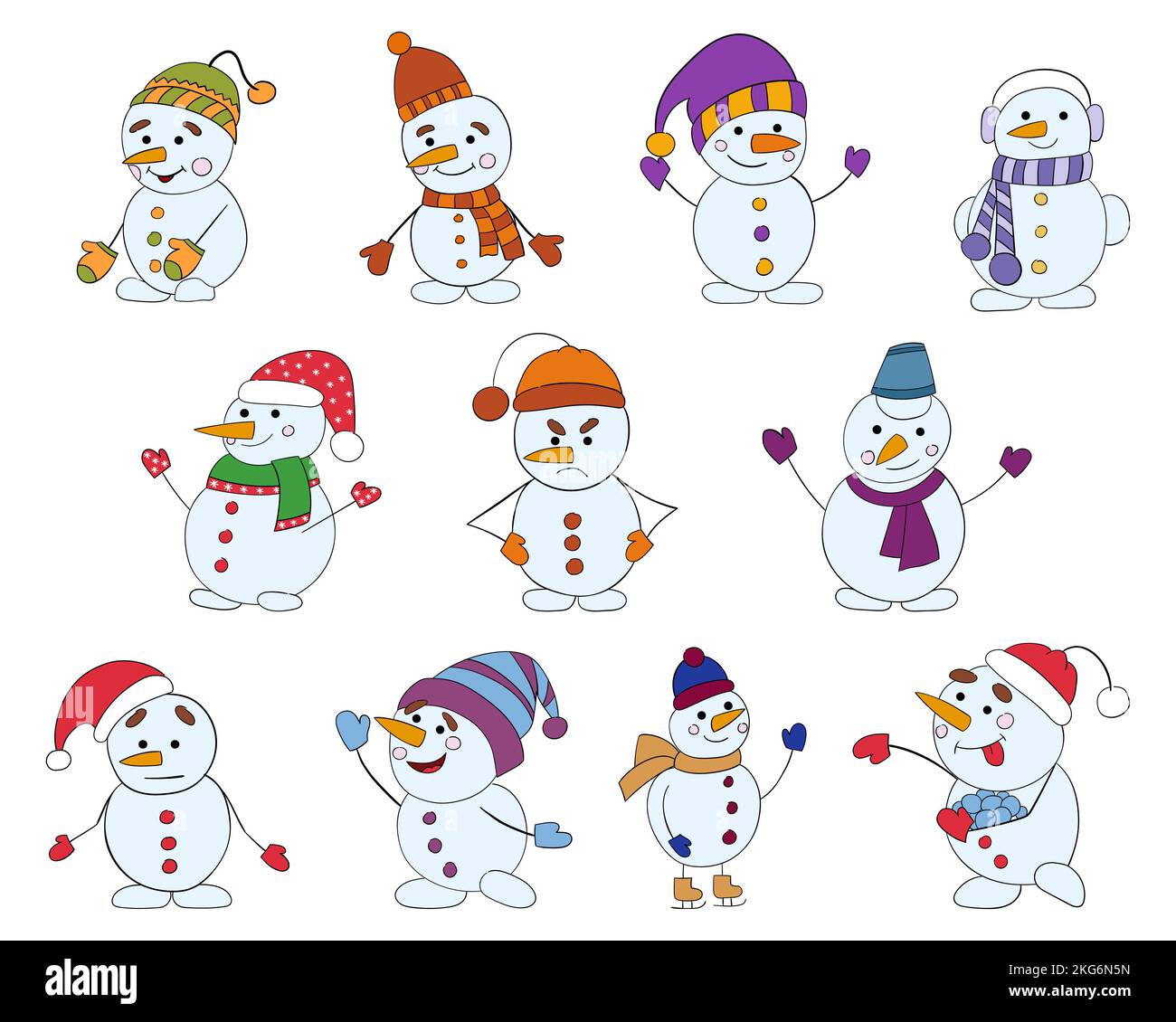 Set of snowmen, vector illustration of a doodle on a white background ...