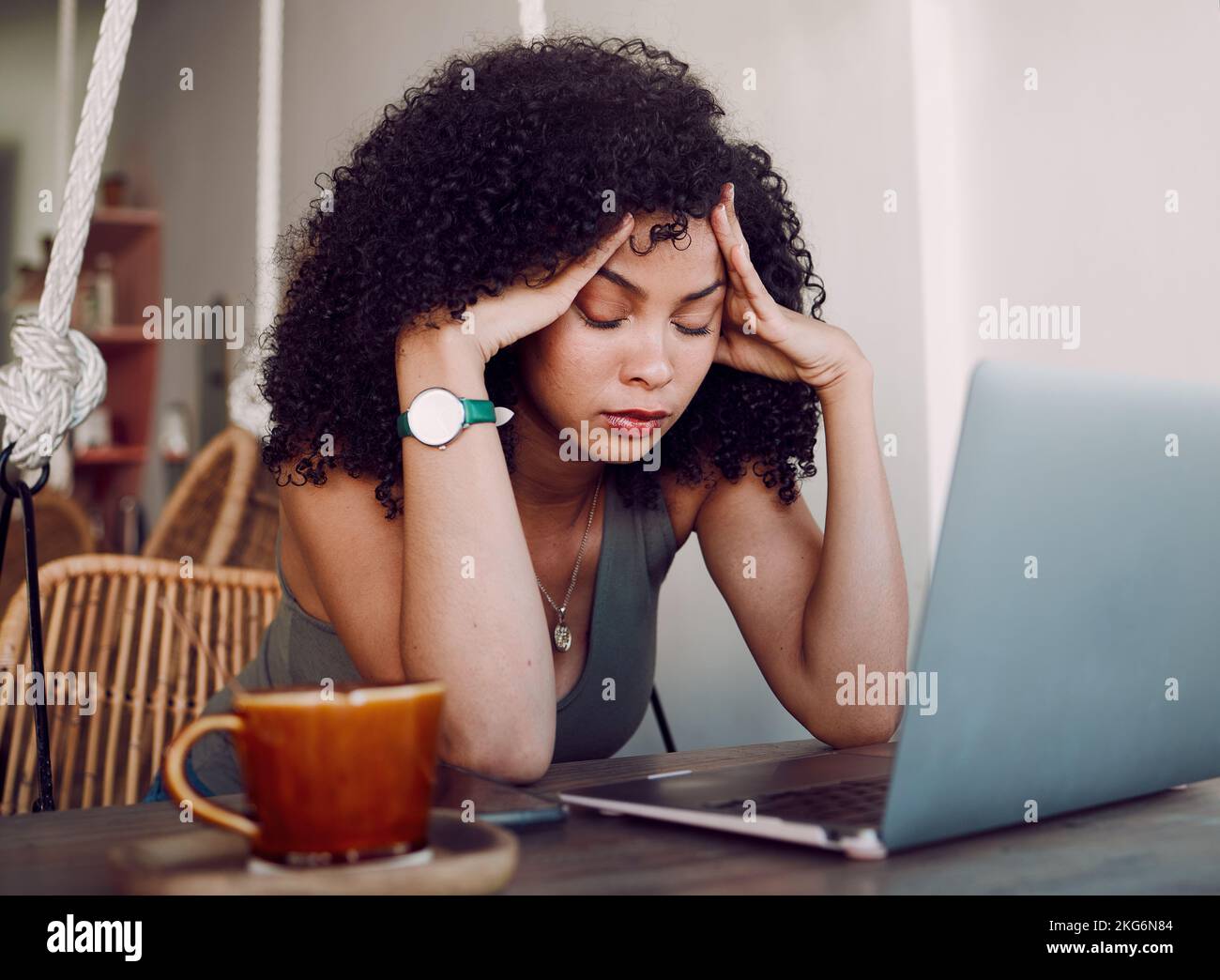 Black Woman Laptop And Headache From Stress Anxiety Or Overworked In