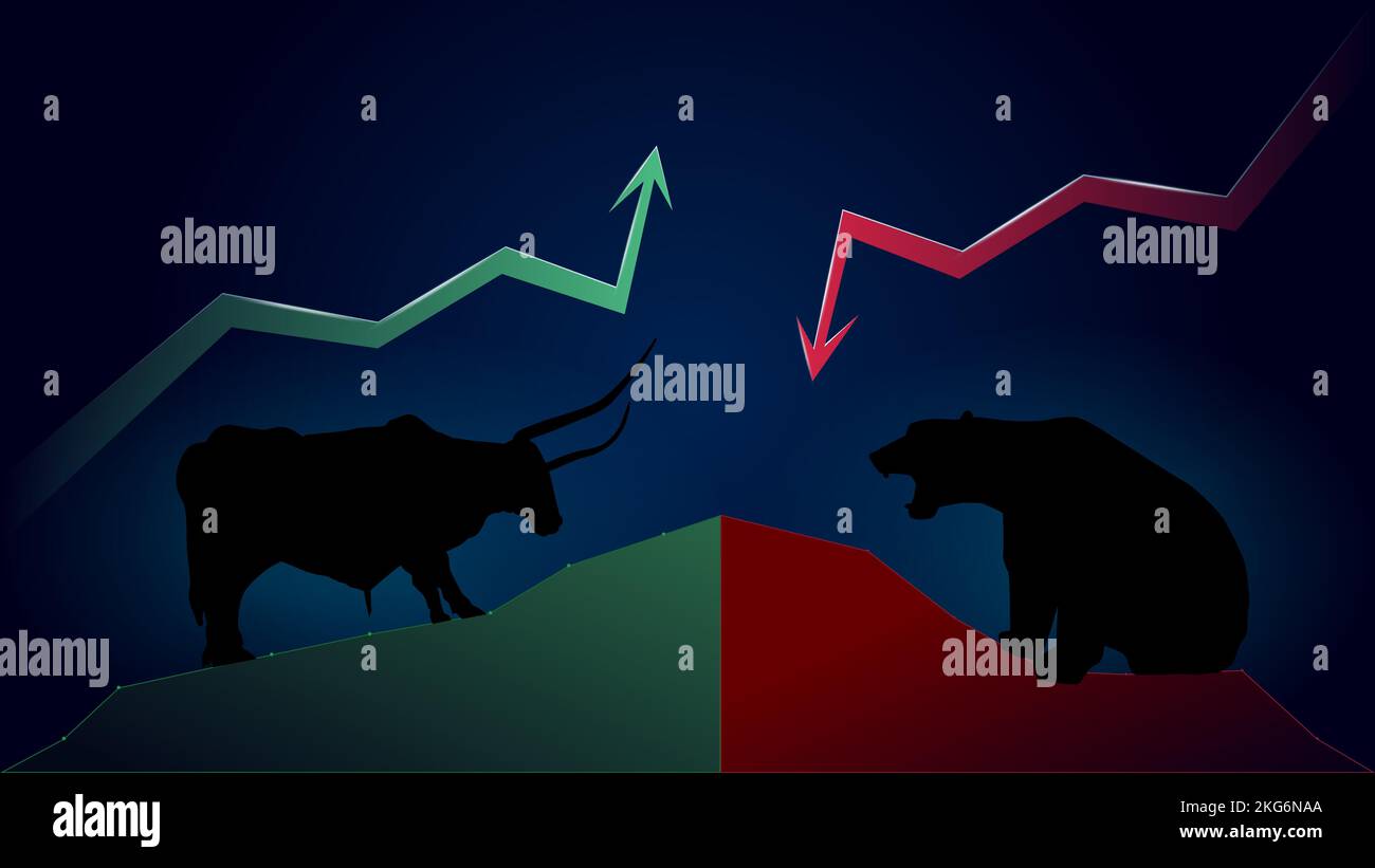 Bullish trend versus bearish trend with green up and red down arrows on ...