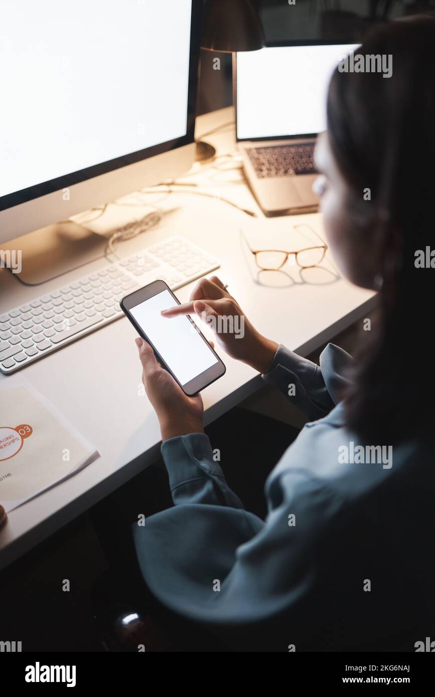 Business woman, phone and green screen, branding space and mockup for ...