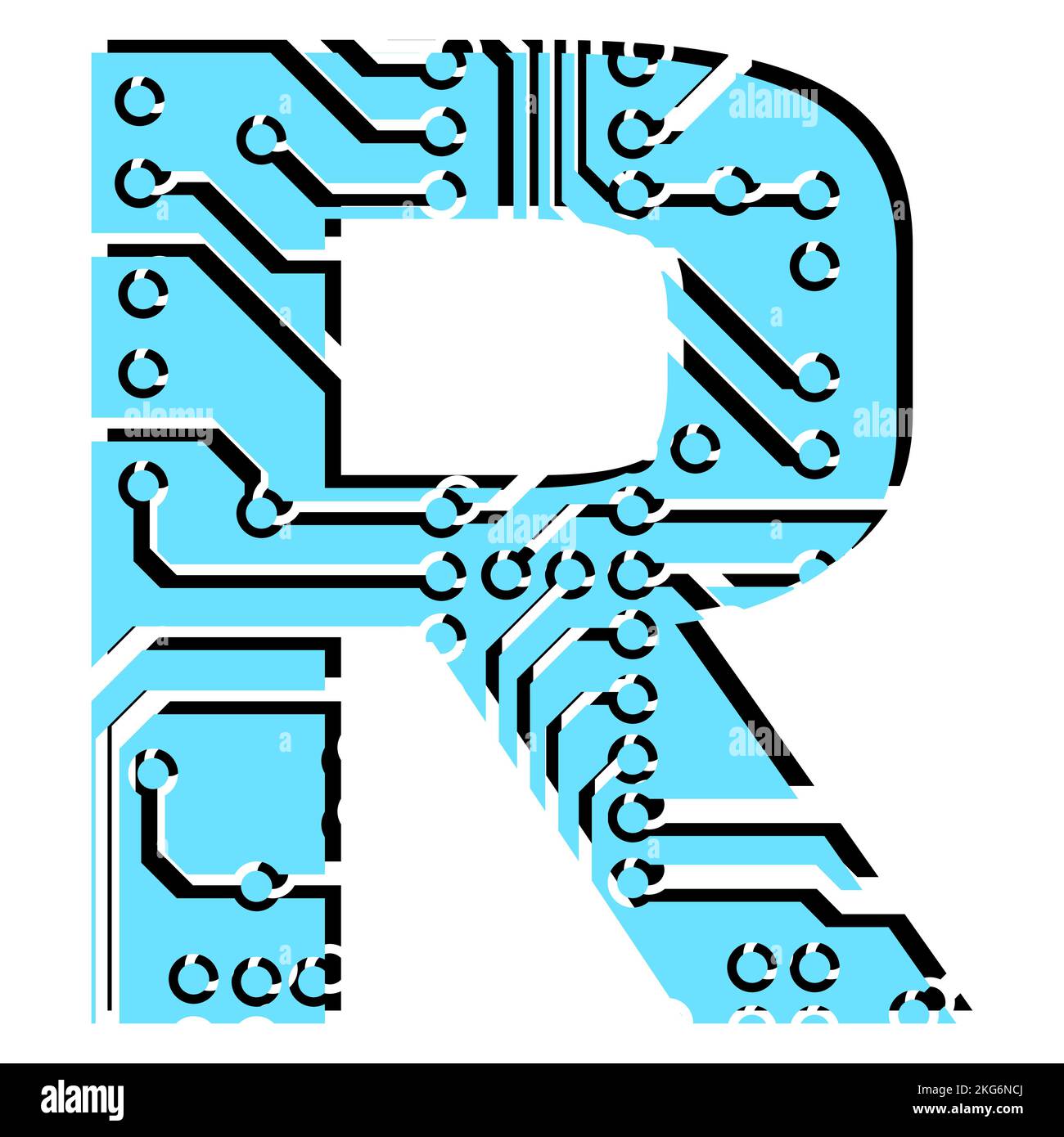Latin digital letter R perforated with PCB circuit board tracks ...