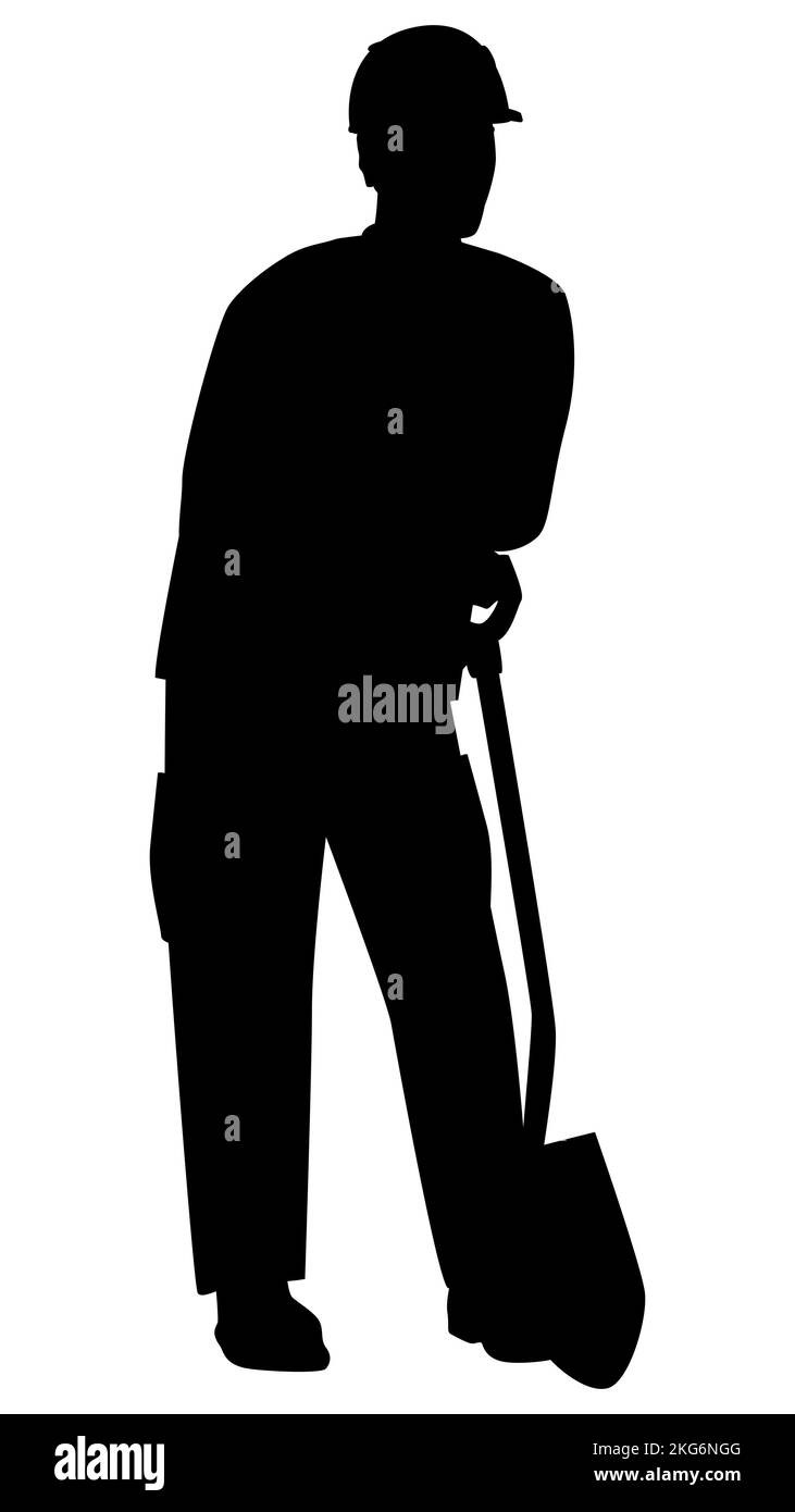Black silhouette of man in work clothes and hard hat stands leaning on ...