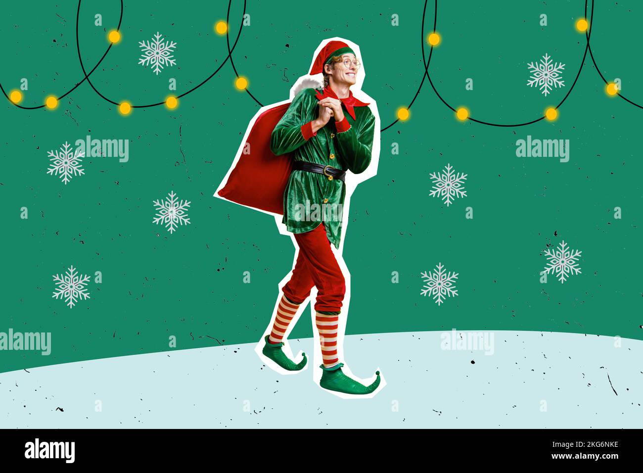 Composite Collage Picture Of Positive Elf Guy Walk Carry Presents Newyear Bag Isolated On