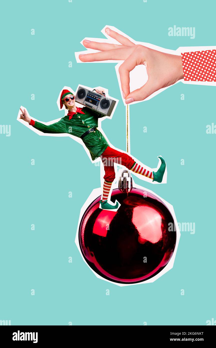 Vertical collage brochure of big hand fingers hold tree bauble toy mini ...