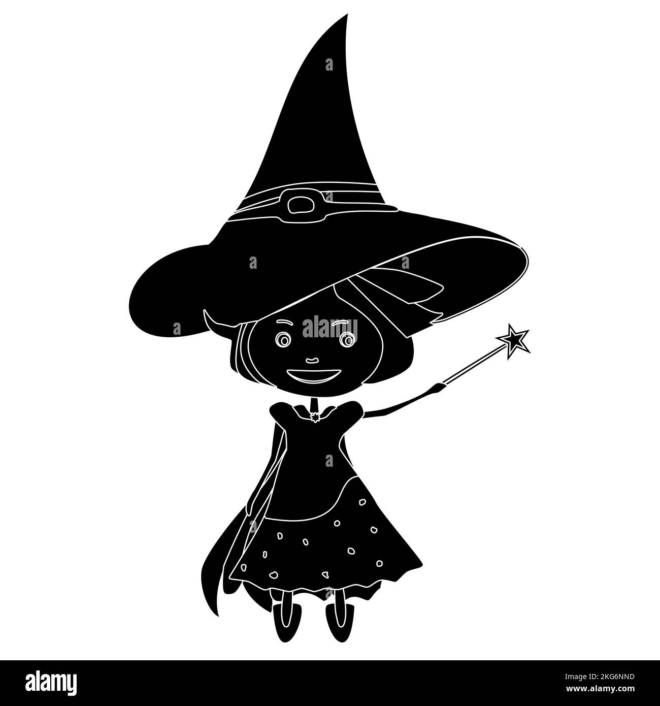 Black silhouette of sorceress in dress and witches hat and magic wand ...