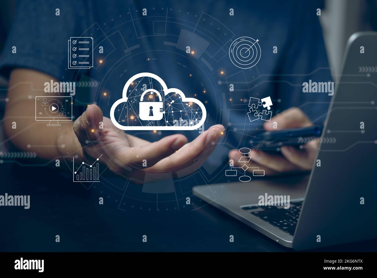 Cloud computing diagram technology Data storage internet networking software concept.Man use ...