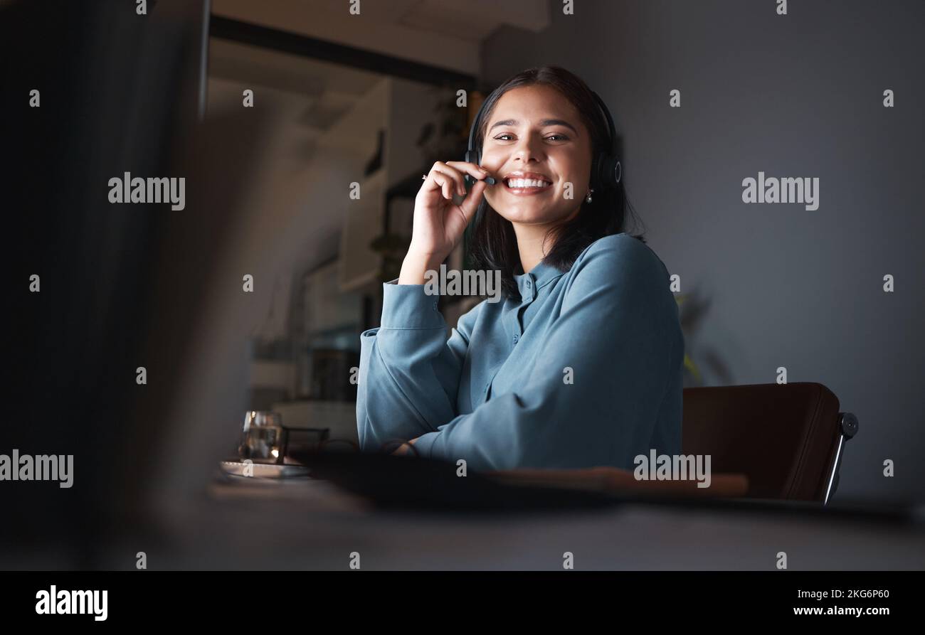 Customer support, portrait and call center at night working on helping ...
