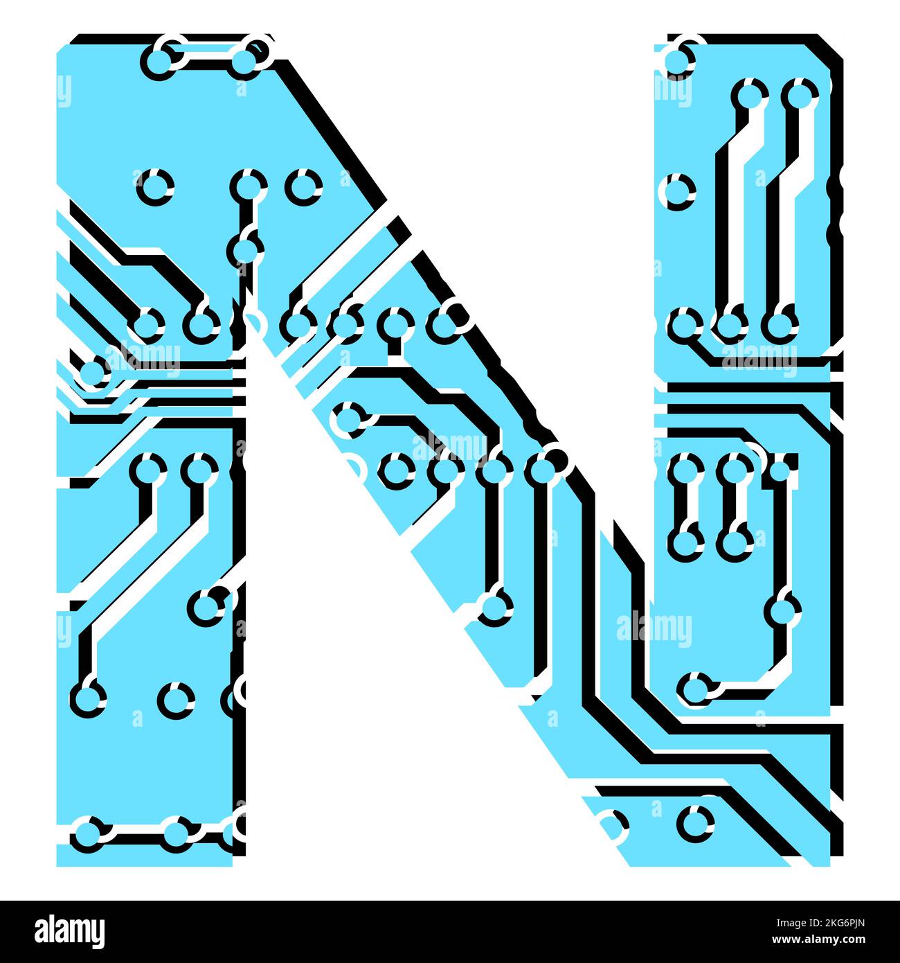 Latin digital letter N perforated with PCB circuit board tracks ...