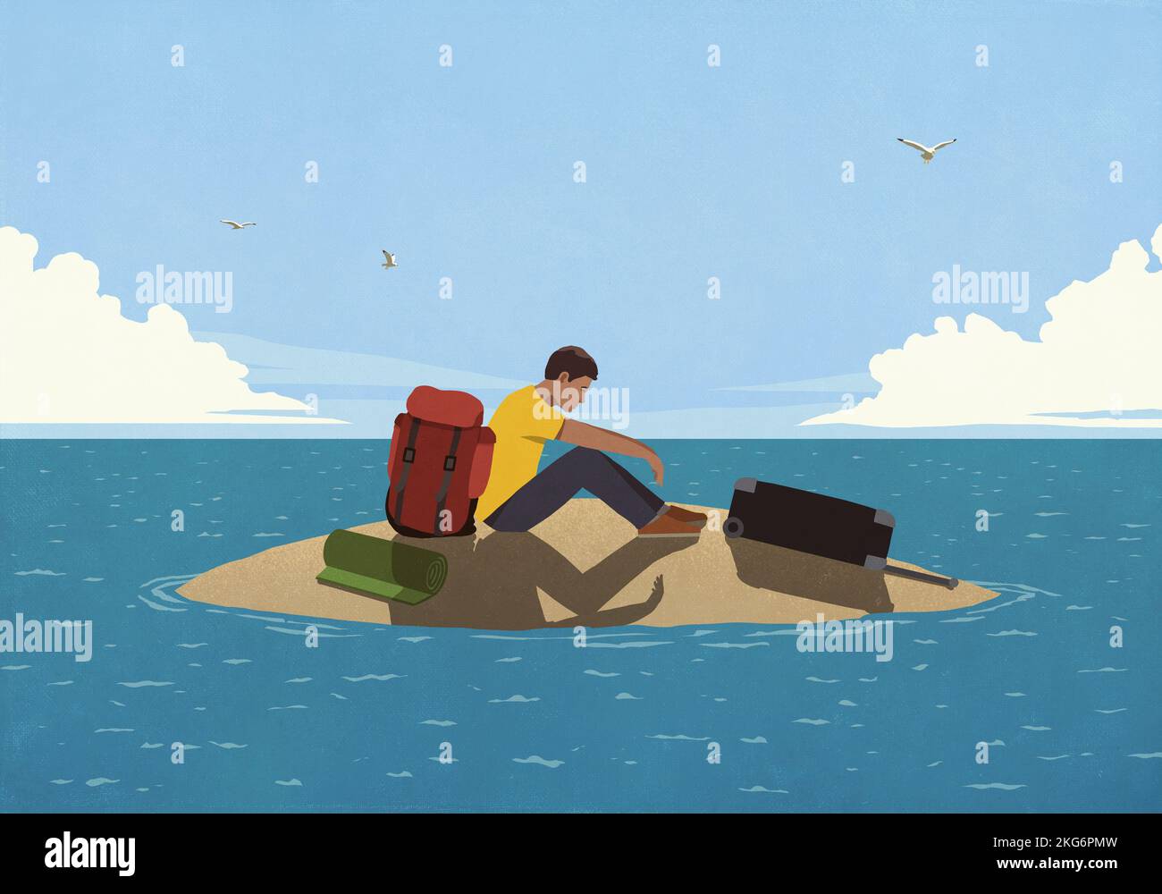 Tired man with luggage stranded on ocean island Stock Photo - Alamy Tired man with luggage stranded on ocean island Stock Photo - Alamy