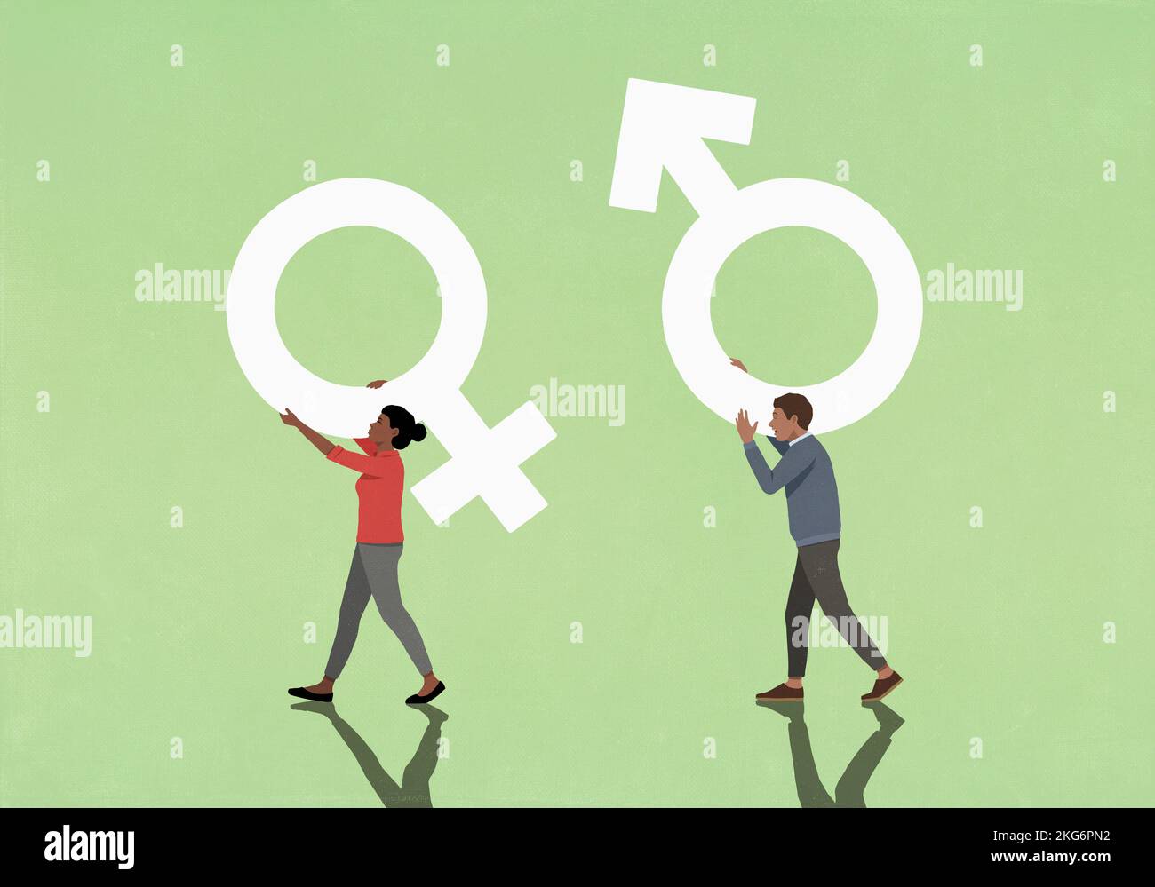 Couple carrying gender symbols on green background Stock Photo - Alamy
