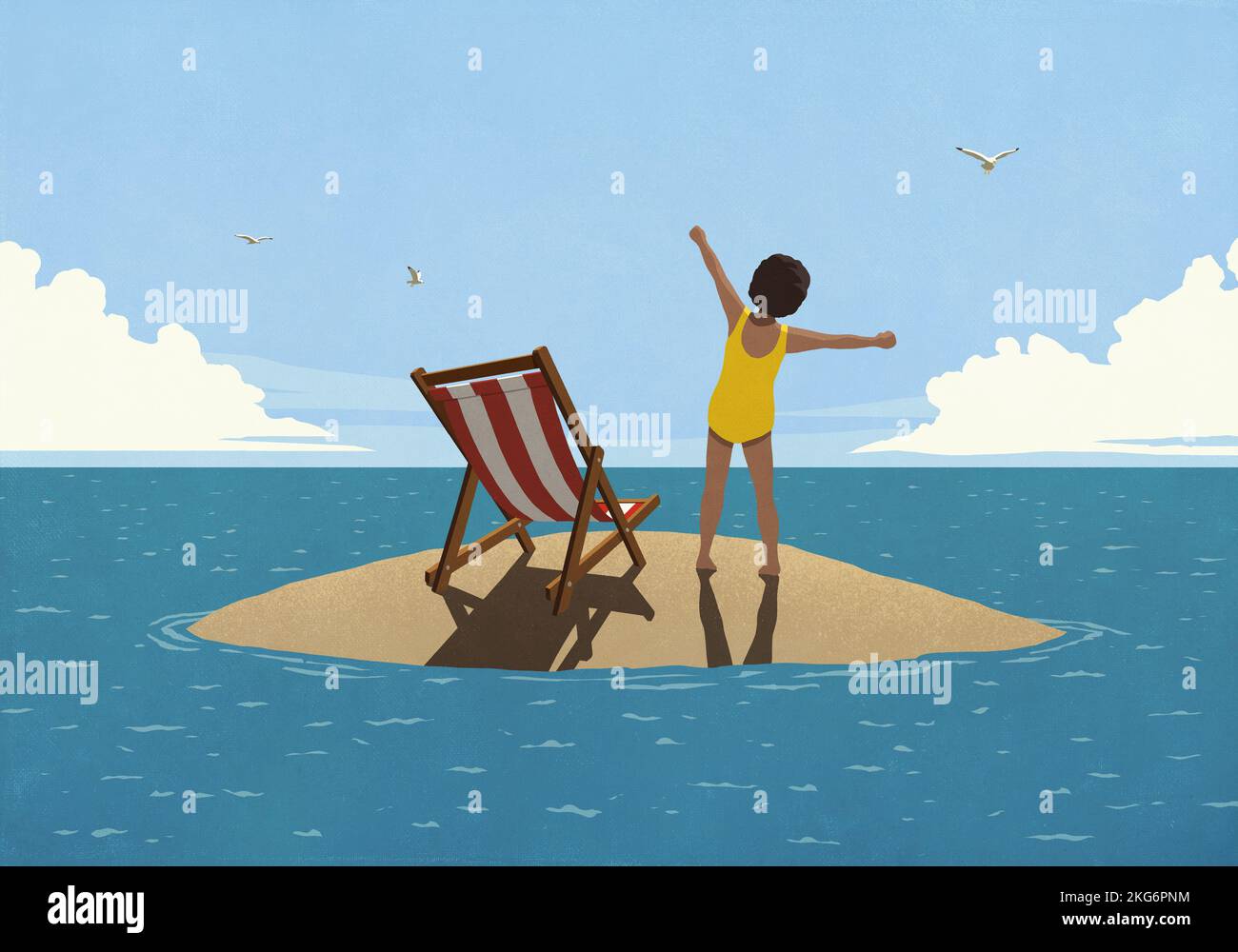 Woman in bathing suit stretching on remote, sunny ocean island Stock ...