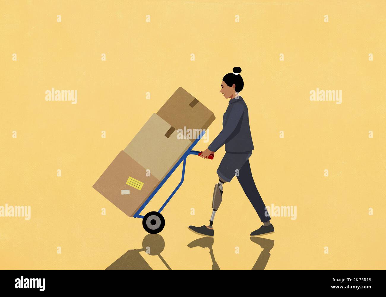 Woman with prosthetic leg pushing cardboard boxes on dolly Stock Photo ...