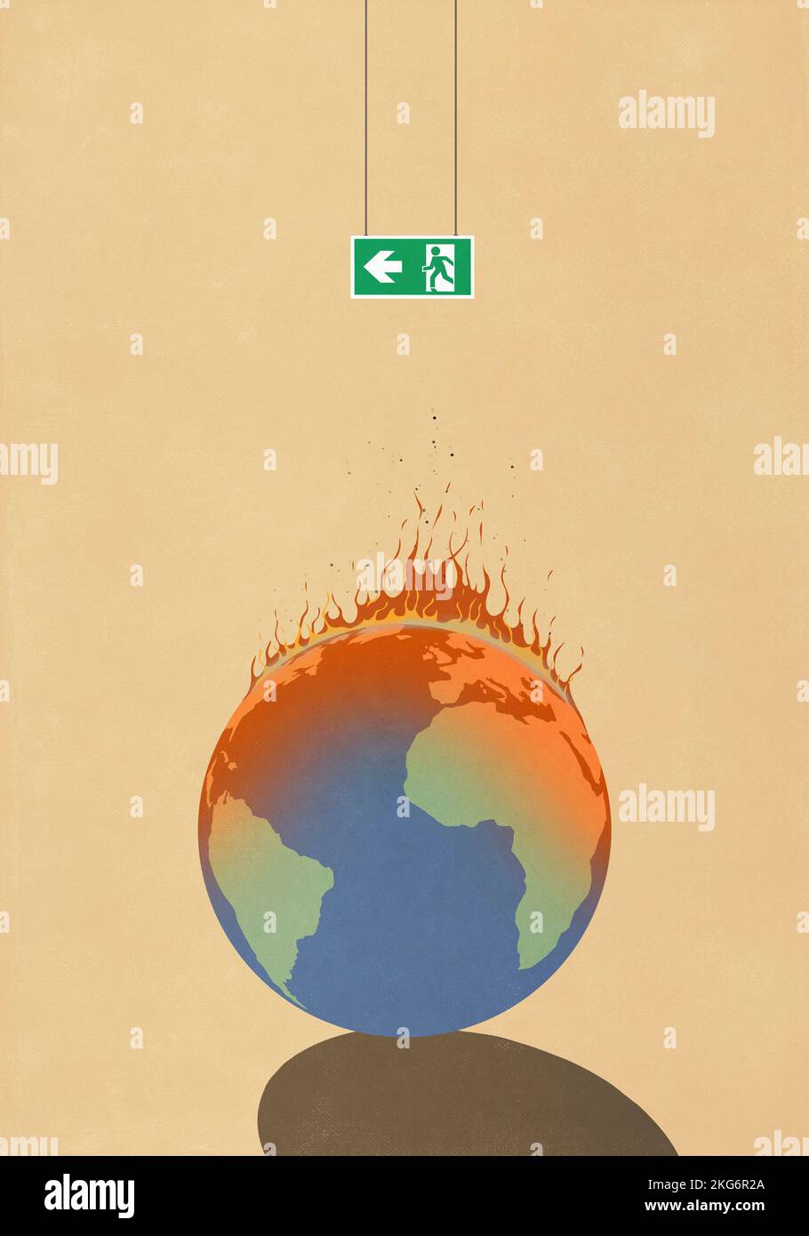 Exit sign above burning globe, global warming Stock Photo - Alamy