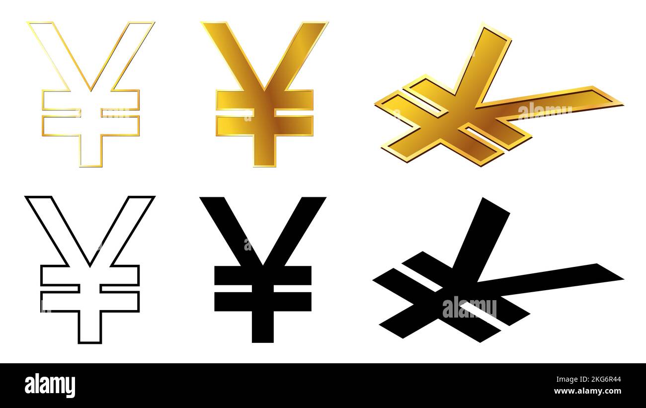 Yuan CNY Chinese currency golden signs, silhouette and outline ...