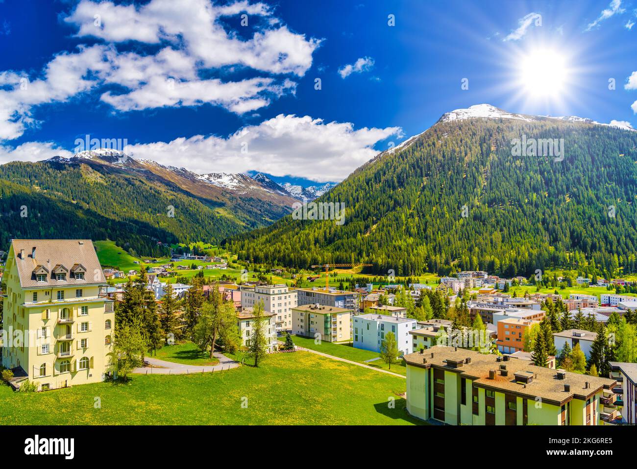 Houses in town village in Alps mountains, Davos, Graubuenden ...
