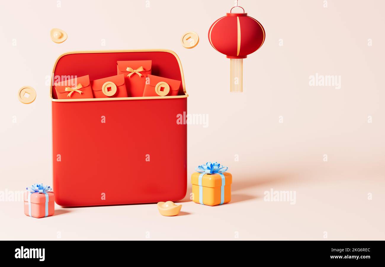 Red envelopes and gift in the yellow background, Spring Festival theme ...
