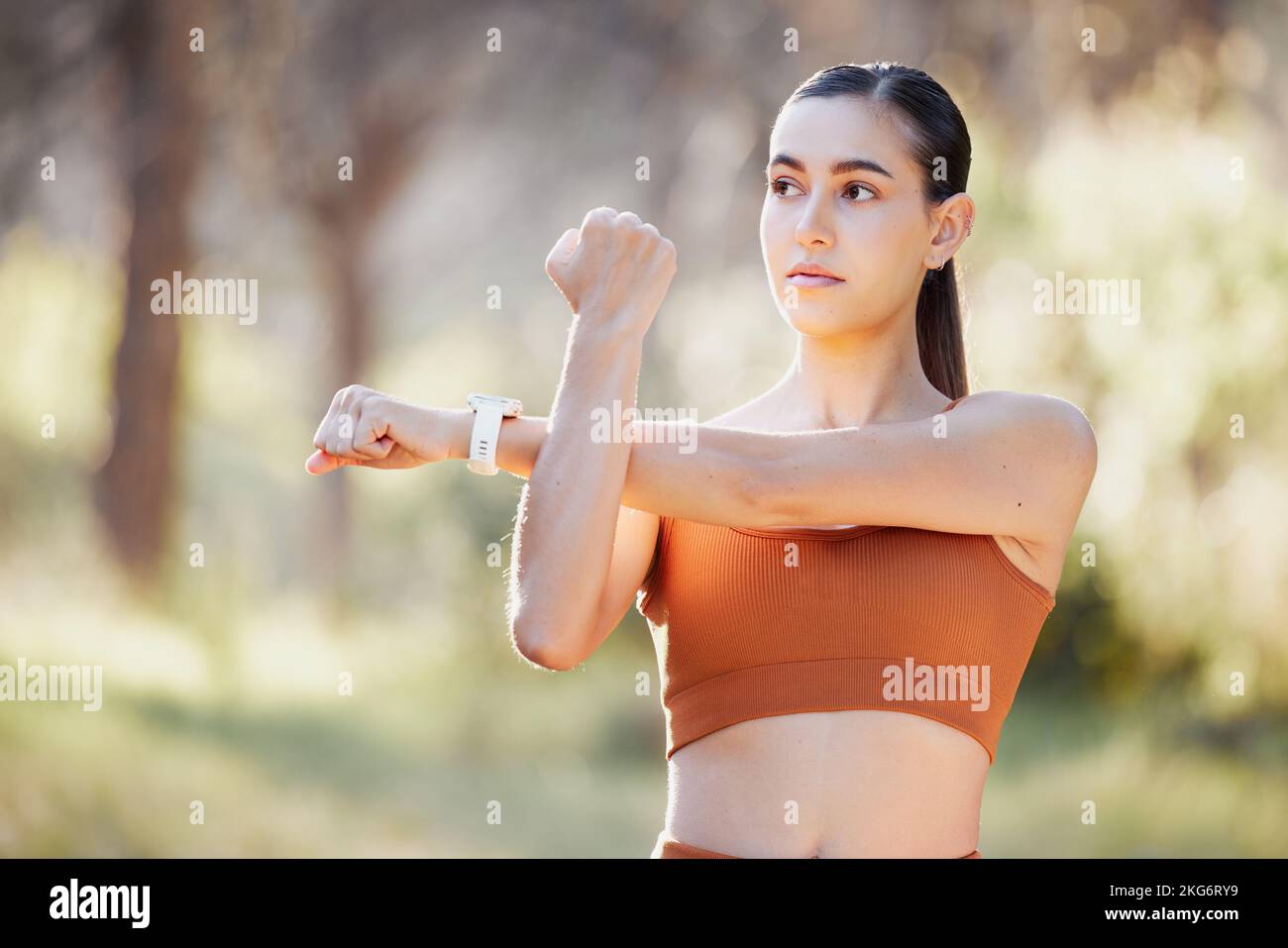Stretching, fitness and nature woman for exercise, running and outdoor ...