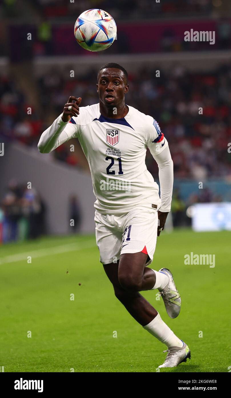 Al Rayyan, Qatar. 21st Nov, 2022. Timothy Weah of USA during the FIFA ...