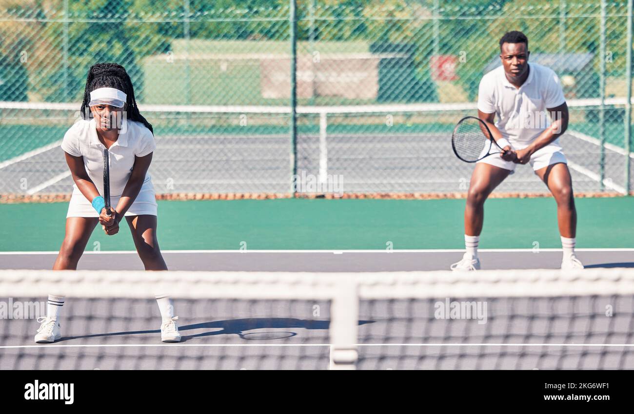 Tennis, teamwork and portrait of black couple on court for match, game ...