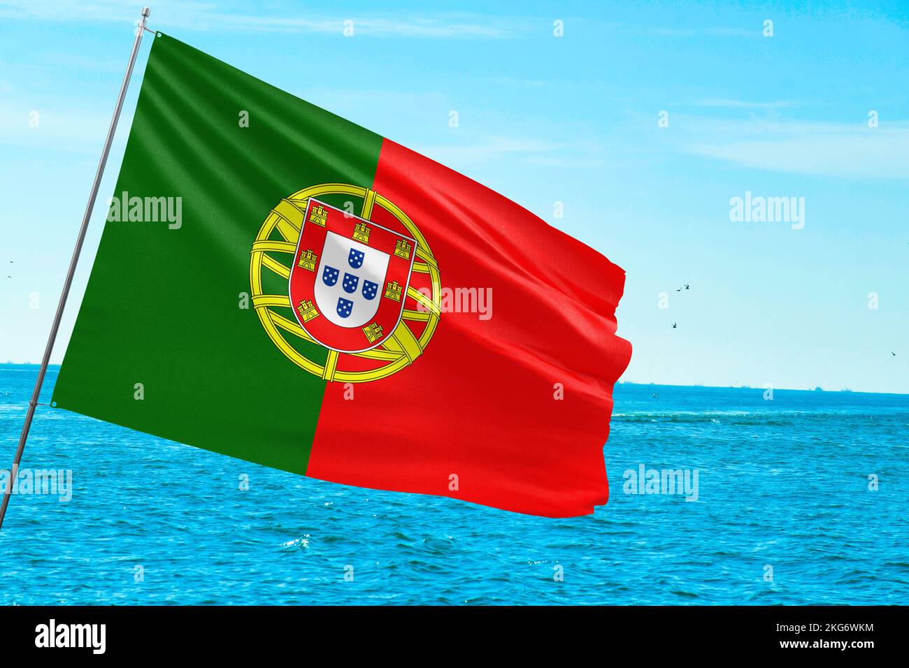 Portugal National Flag waving on high seas with blue sea and sky in ...