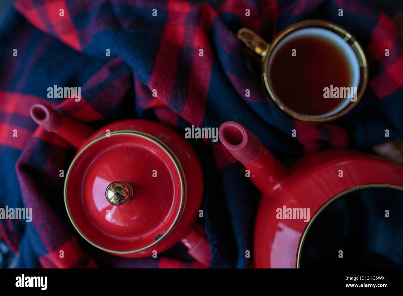 A top view of cup of tea and teapot Stock Photo - Alamy