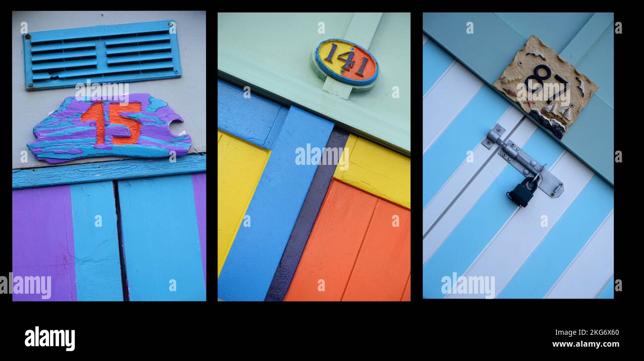 Brighton Beach Huts, Brighton, England,UK, triptych of 3 details Stock ...