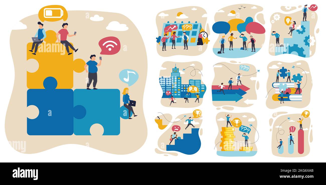 Startup team. Vector illustration set. Motivated employees, youth in ...