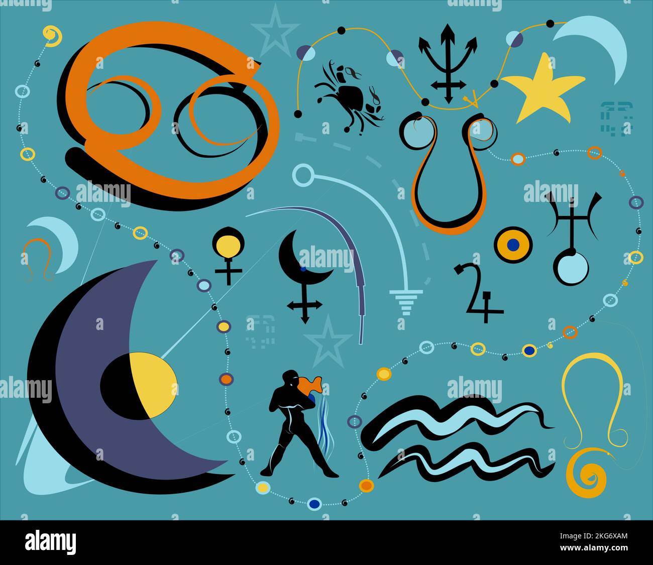 Abstract blue background ,surrealism art style,astrological symbols ...