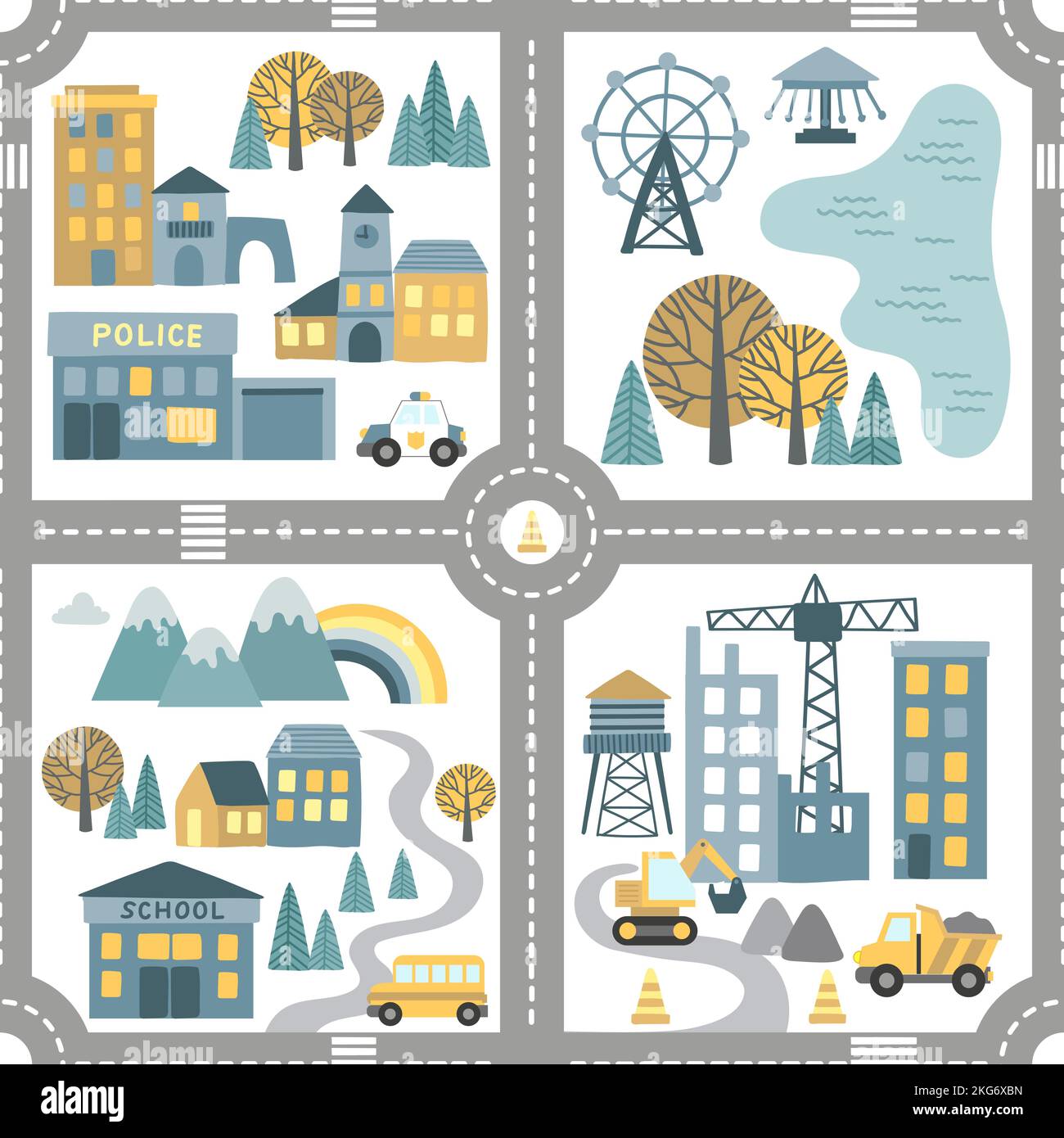 Childrens map road seamless pattern. Vector cartoon illustration of ...