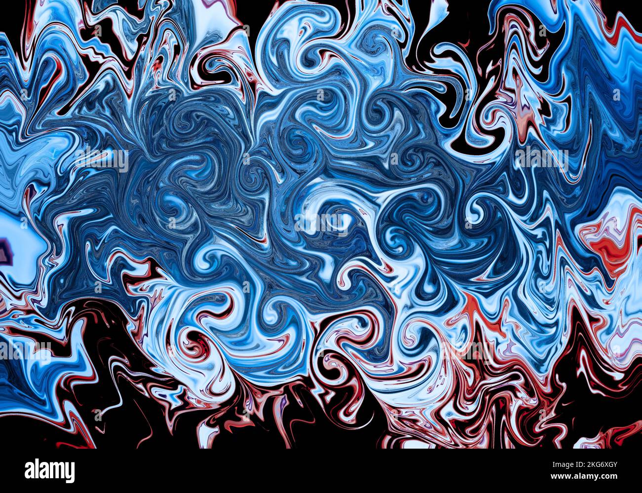 Abstract blue and red liquid swirling marble flame texture on a black ...