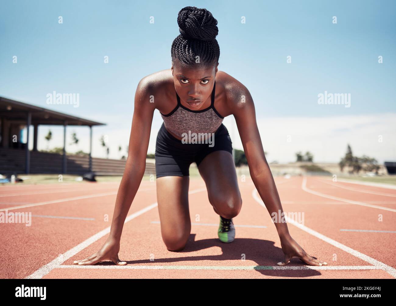 Black woman, runner and start line, race and competition, exercise ...