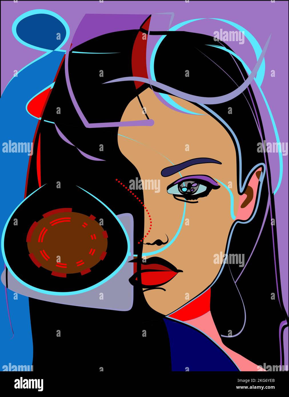 cubism art style,portrait of woman with long black hair Stock Vector ...