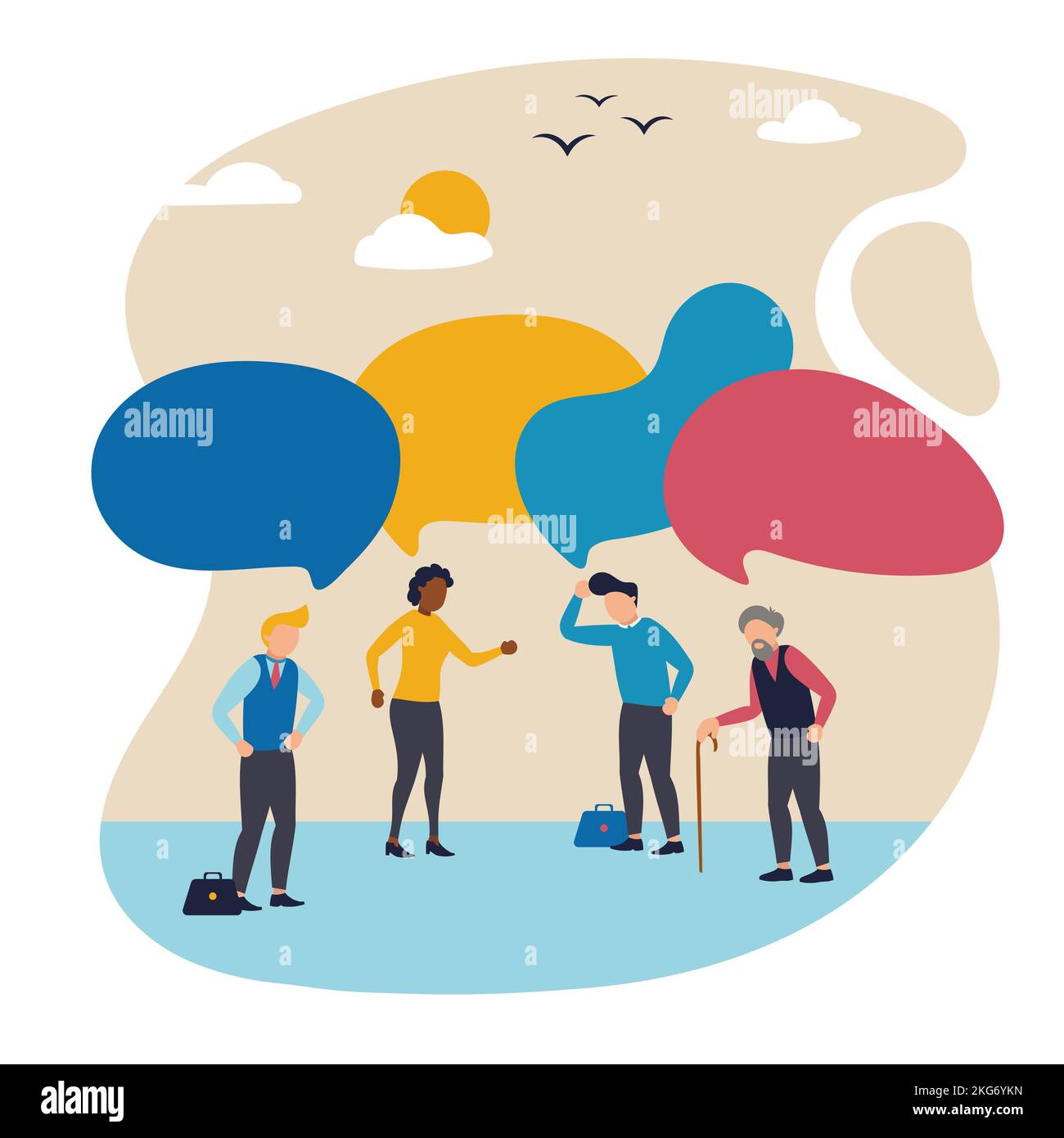 Vector illustration with group of different ages people thinking ...