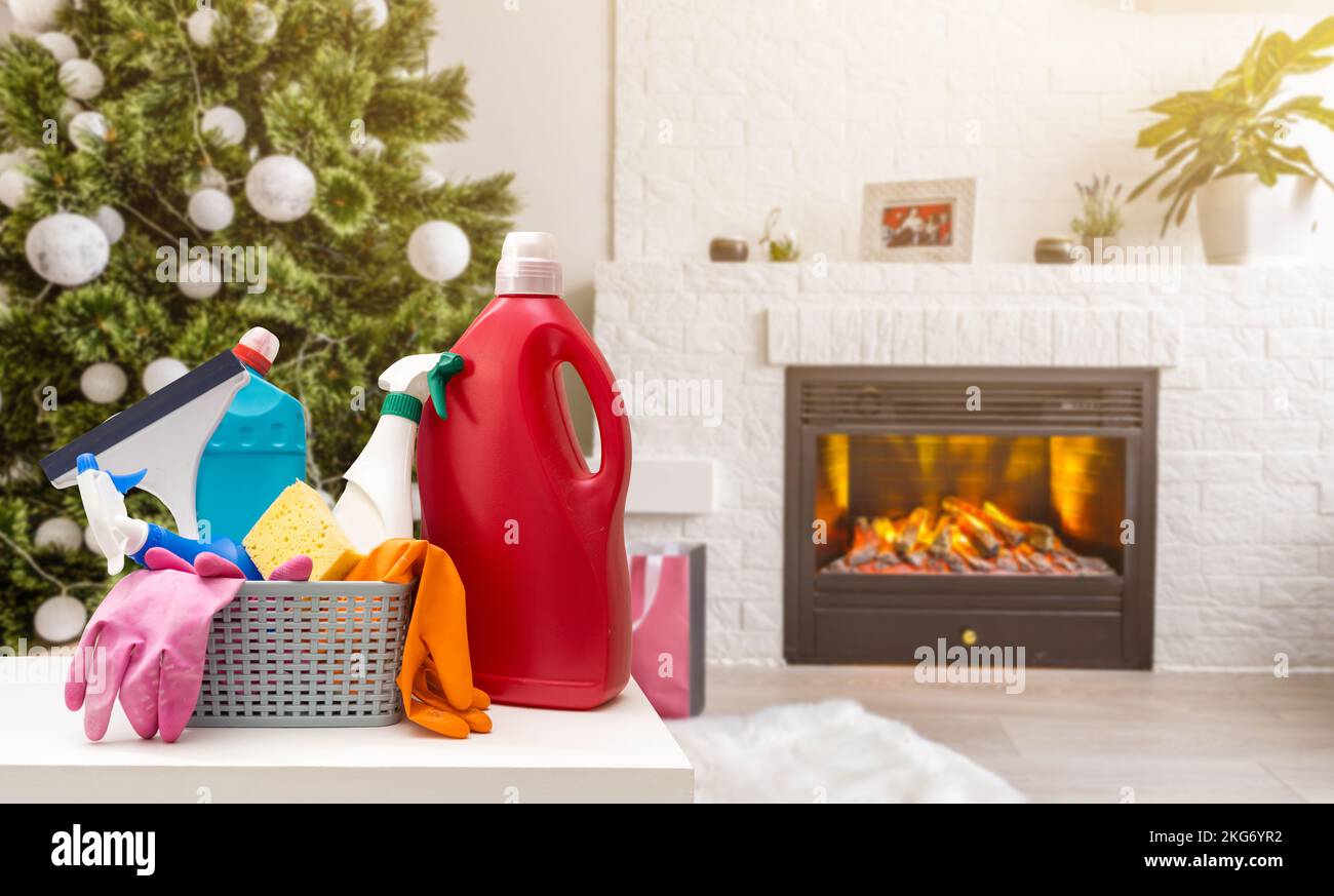 Cleaning before Christmas. Multicolored cleaning supplies. Sponges ...