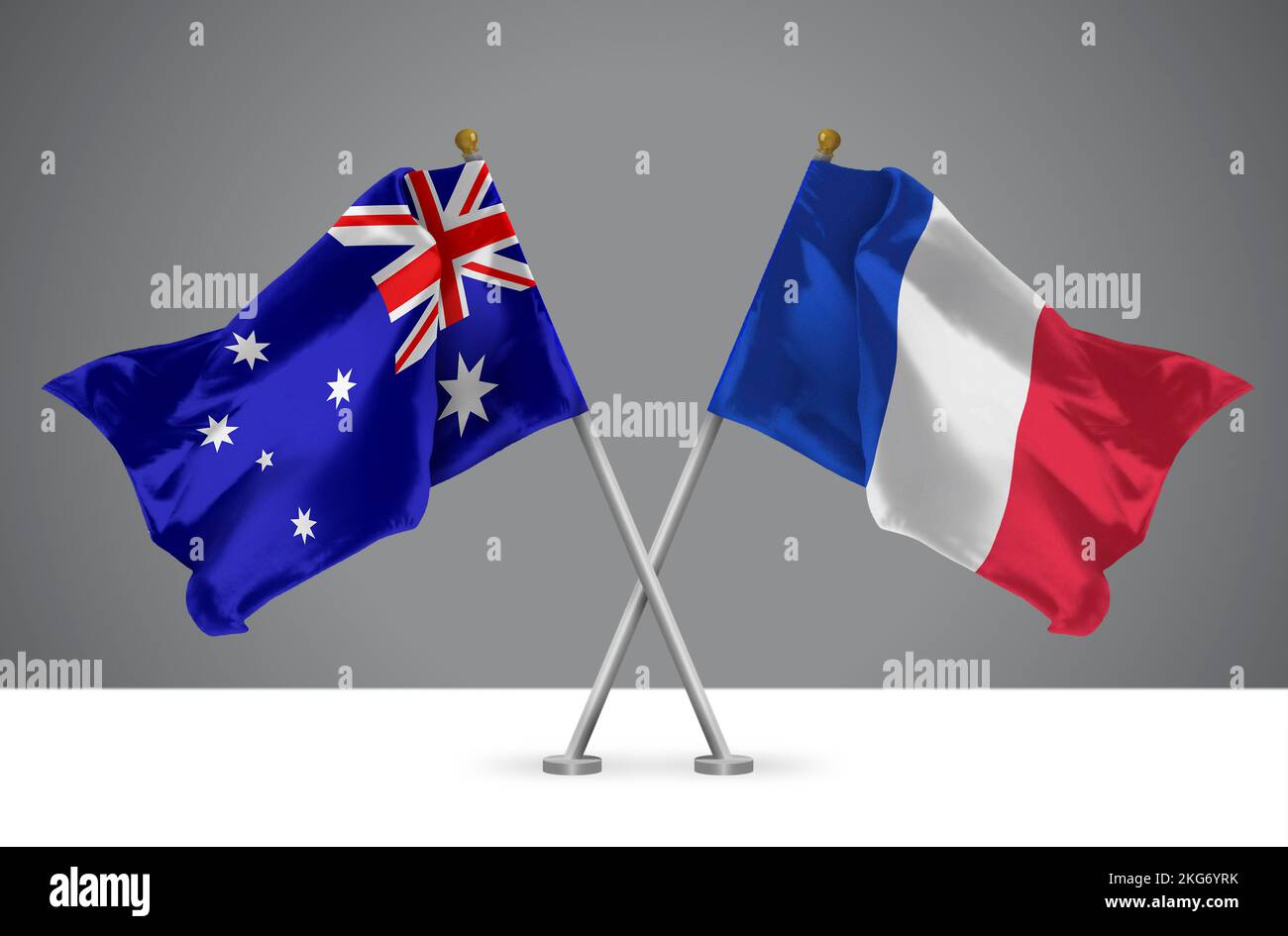 3D illustration of Two Wavy Crossed Flags of Australia and France, Sign ...