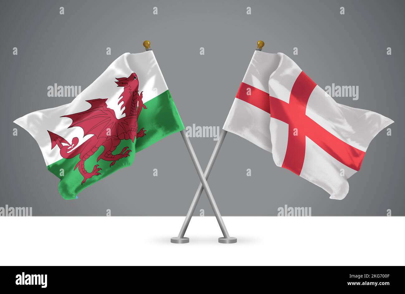 3D illustration of Two Wavy Crossed Flags of Wales and England, Sign of ...