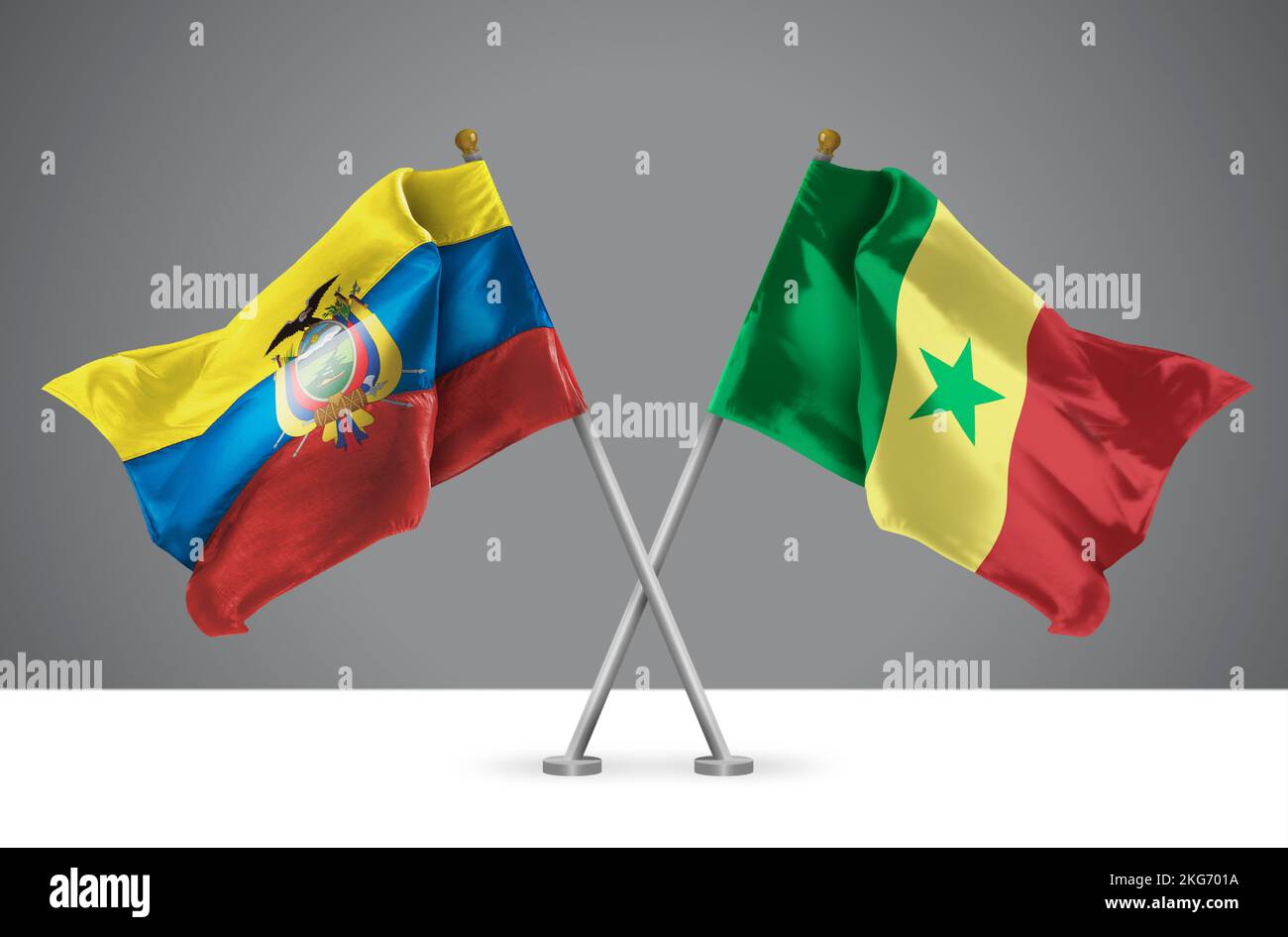 3D illustration of Two Wavy Crossed Flags of Senegal and Ecuador, Sign ...