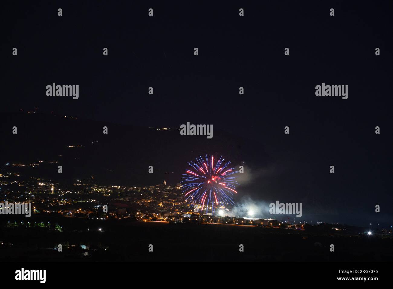 Fireworks Numana, night cityscape, Marche, Italy, Europe Stock Photo ...