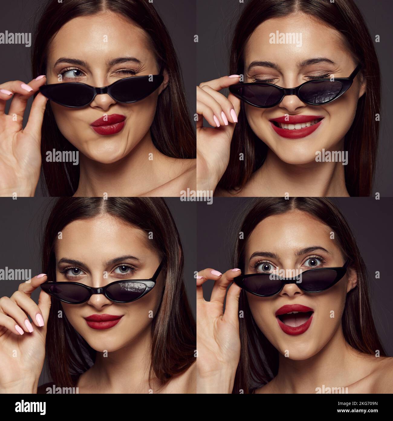 Collage. Portraits of young beautiful girl posing with red lips in ...