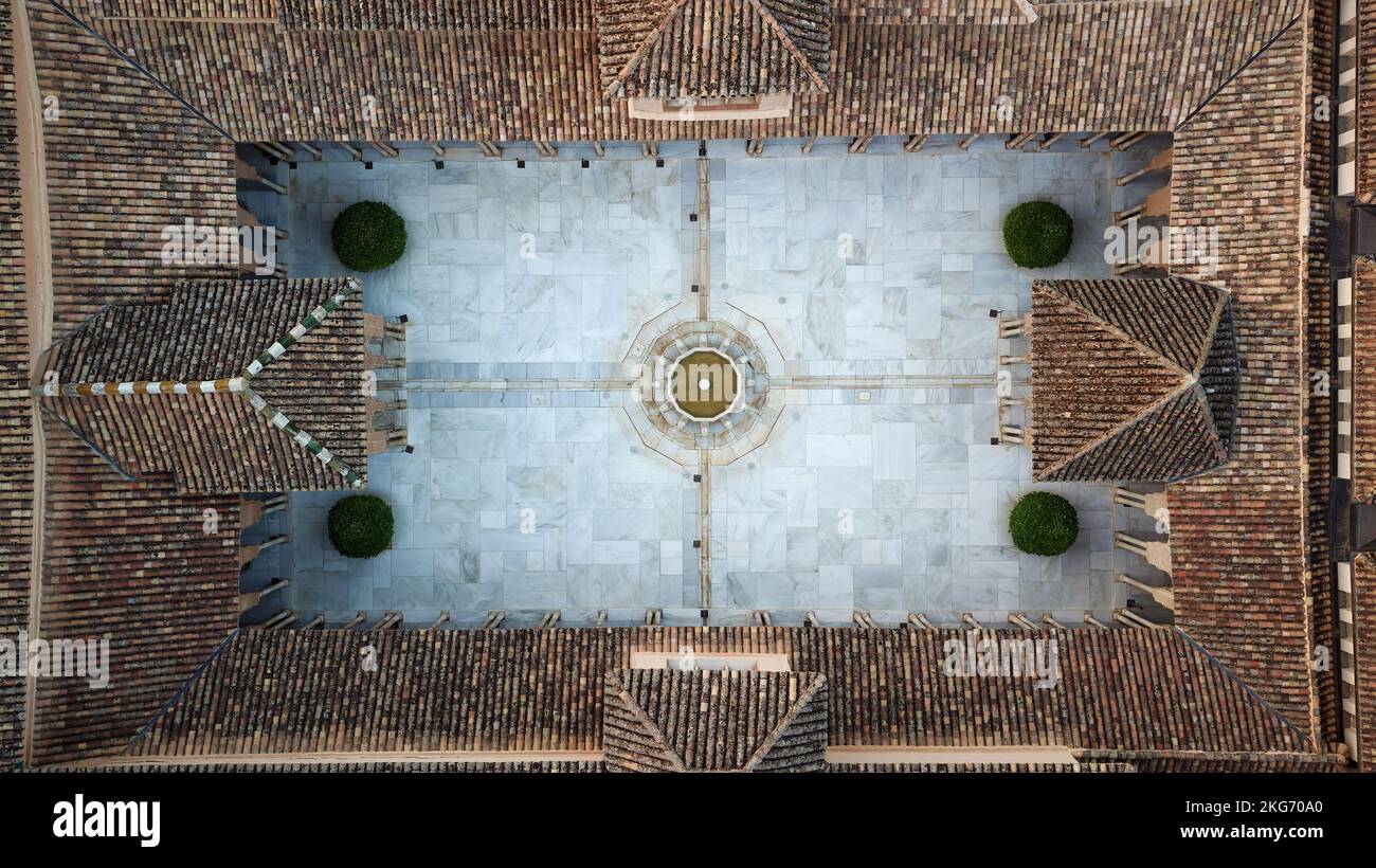 Aerial drone view of the Palace of the Lions in Alhambra Palace ...