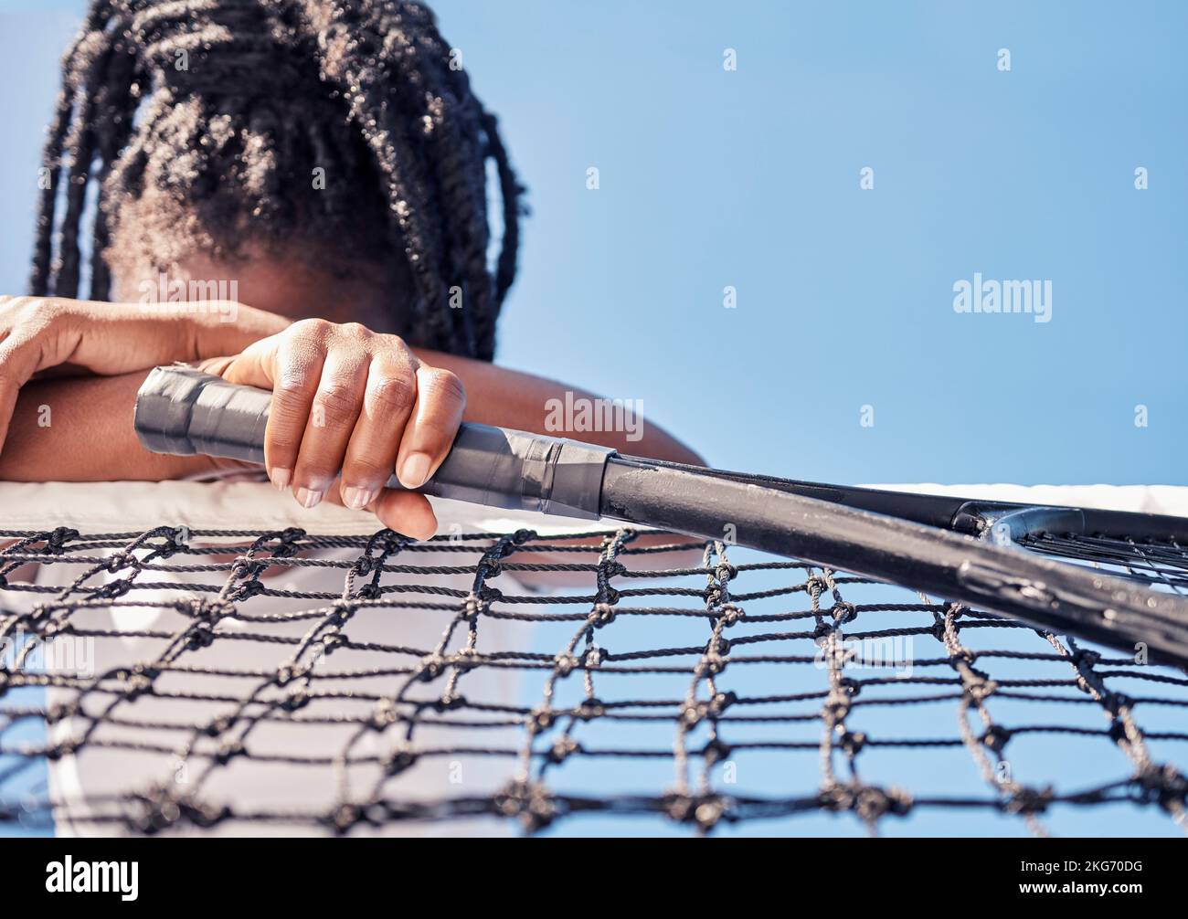 Tennis, sport fail and black woman sad after defeat at game or ...