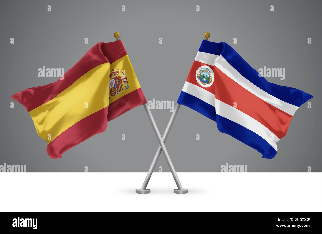 3D illustration of Two Wavy Crossed Flags of Costa Rica and Spain, Sign ...