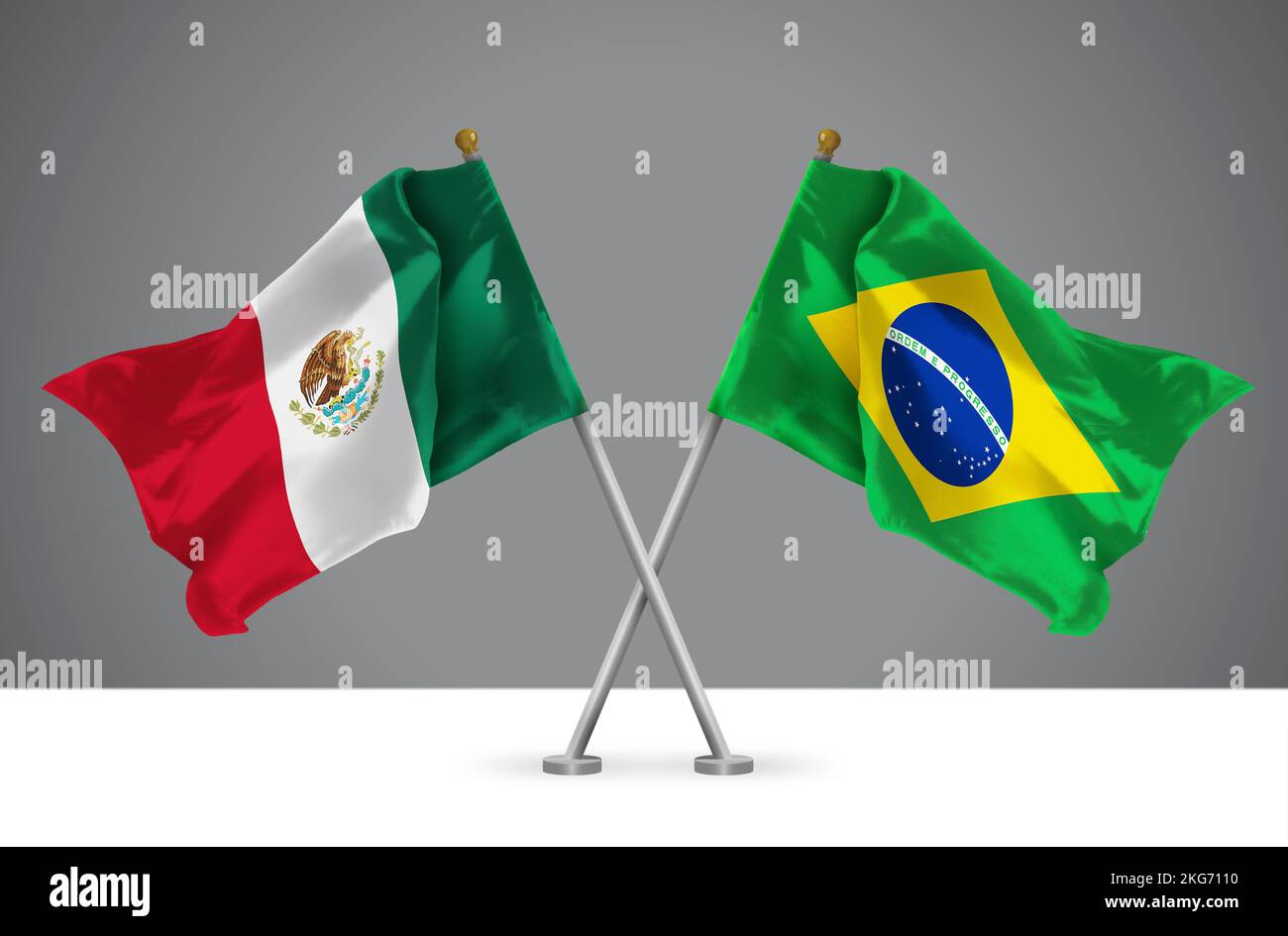 3D illustration of Two Wavy Crossed Flags of Mexico and Brazil, Sign of ...