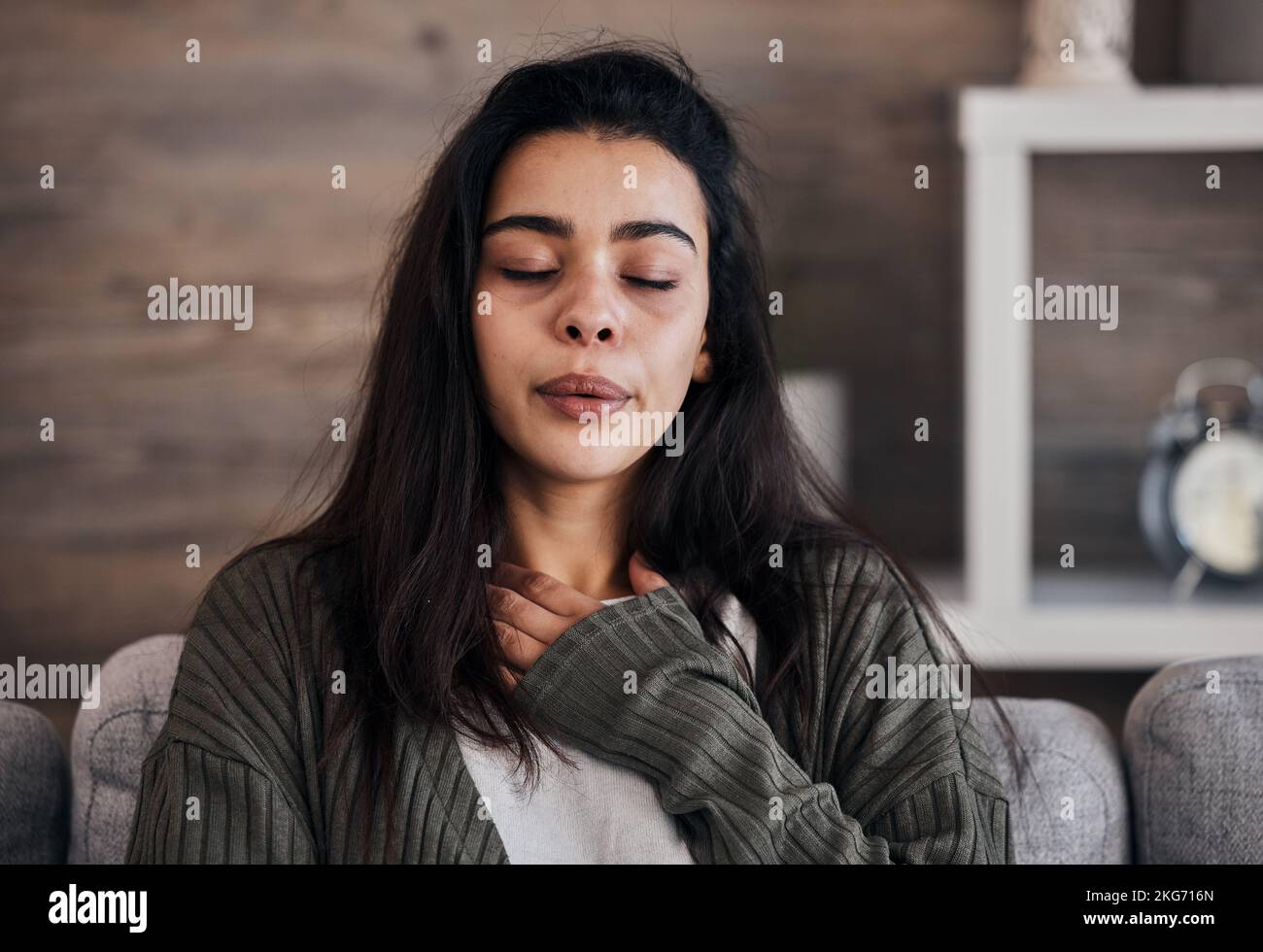 Depression, sad and woman with eyes closed in home thinking of problems. Anxiety, mental health ...