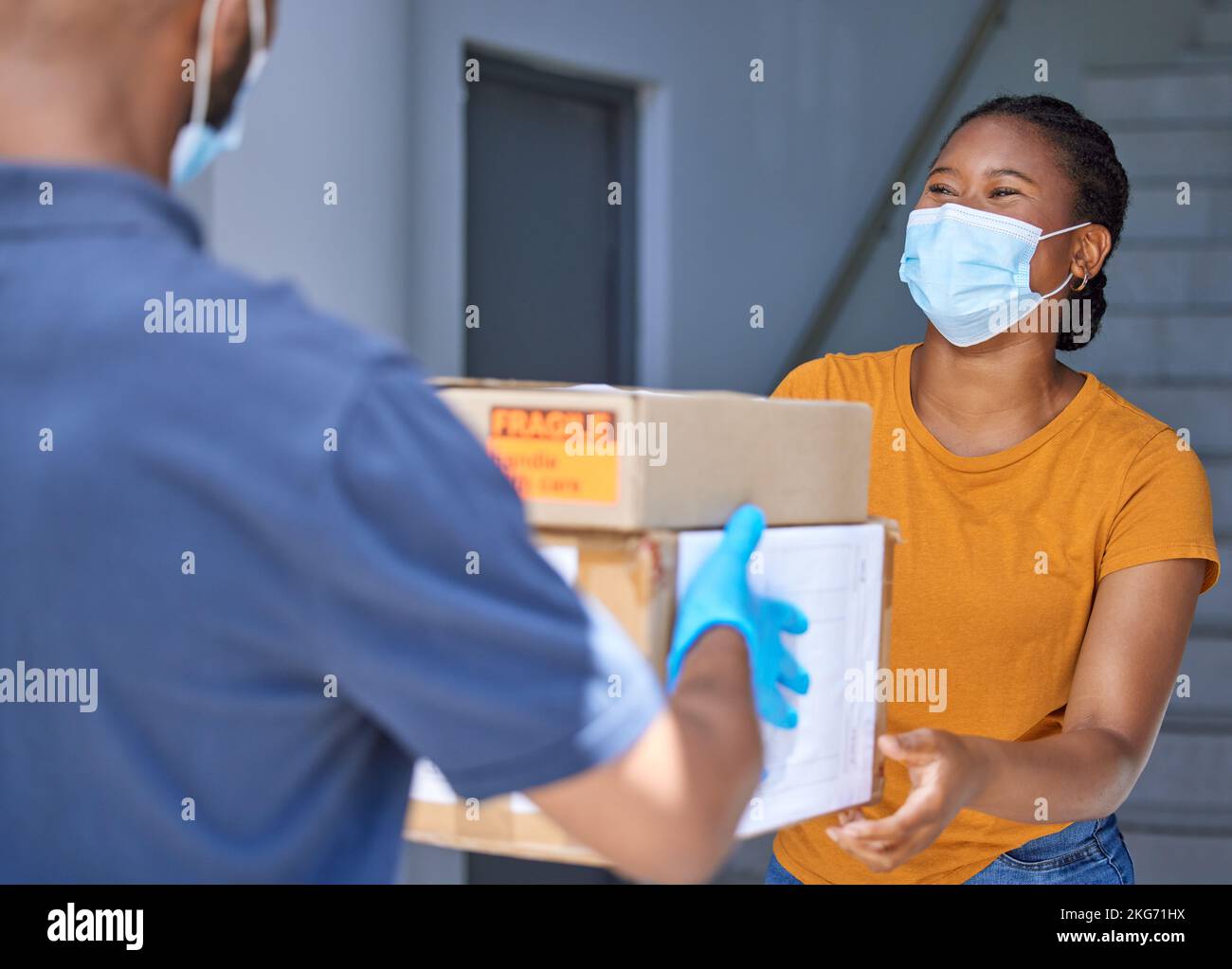 Delivery box, shipping and happy customer with covid face mask for ...