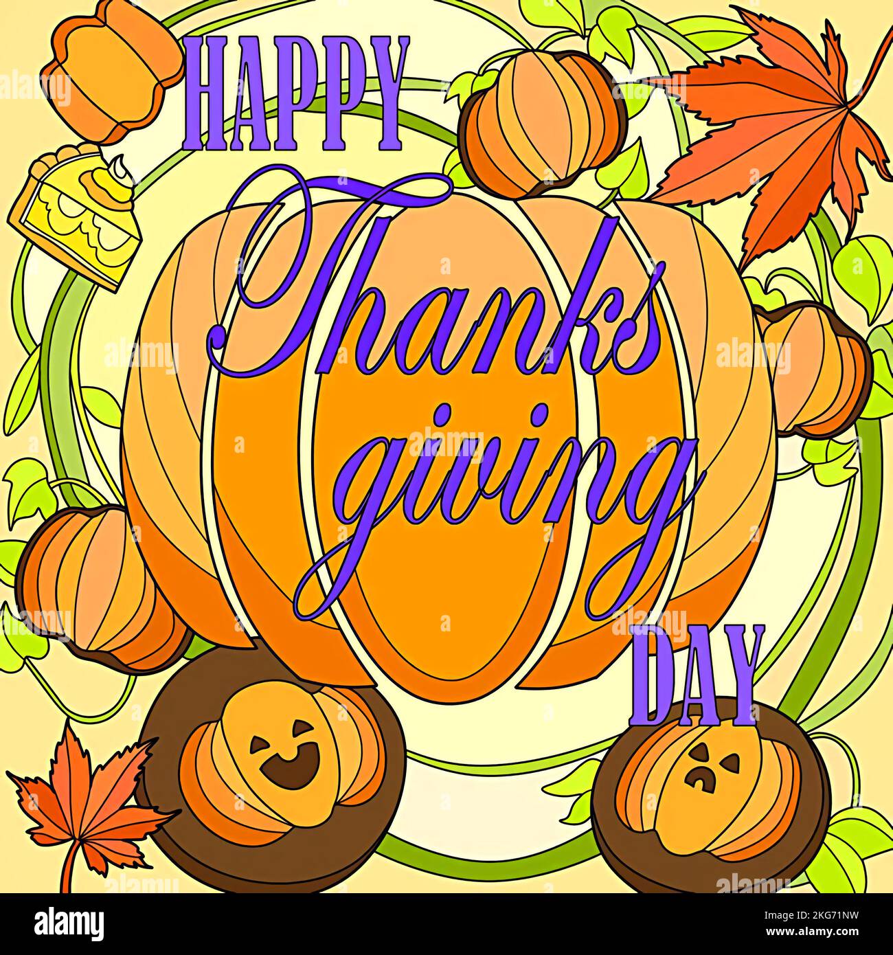 Happy thanks giving, illustration of pumpkins, a piece of cake and a ...