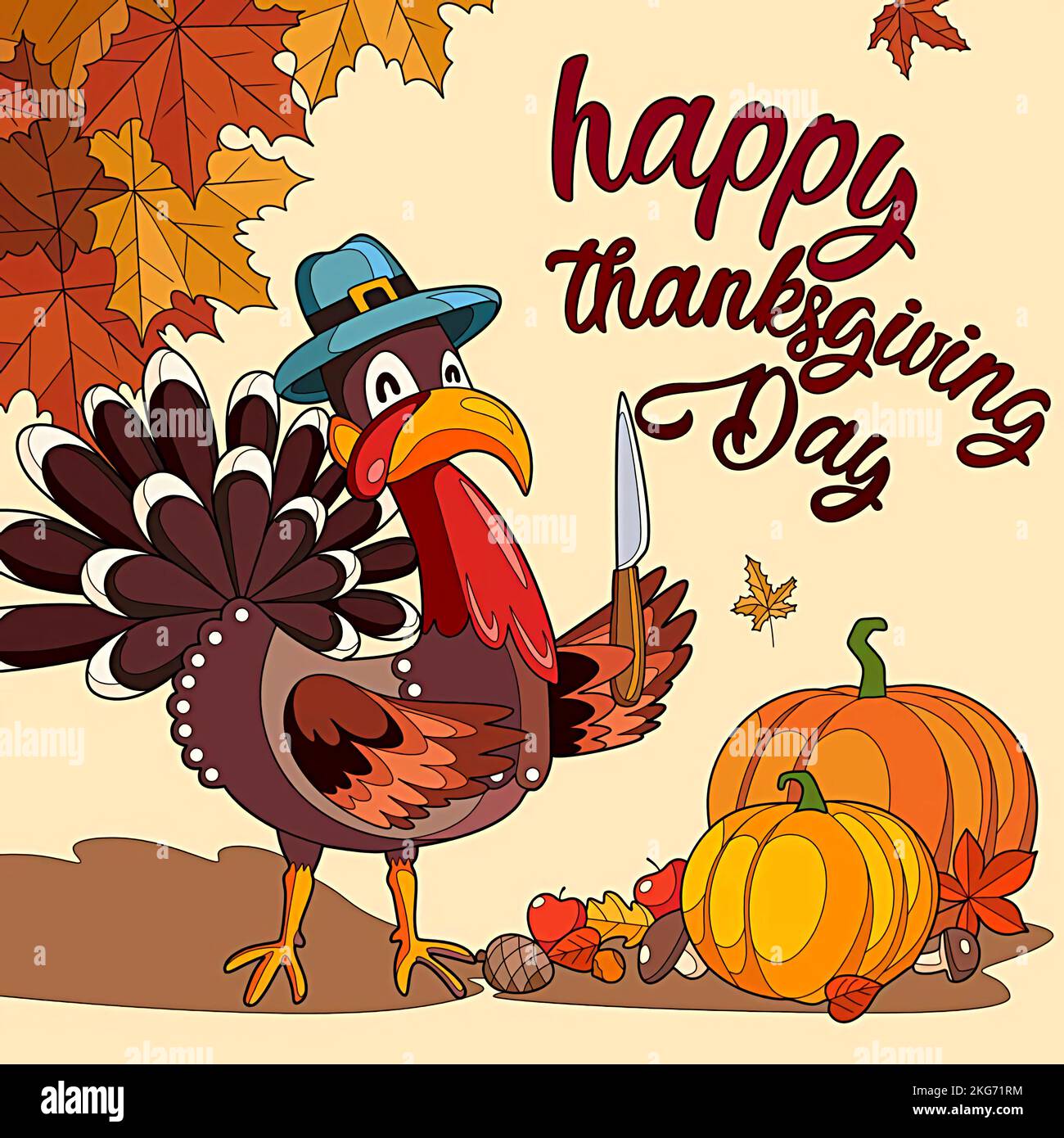 Happy thanks giving day, cartoon illustration of a turkey holding a ...